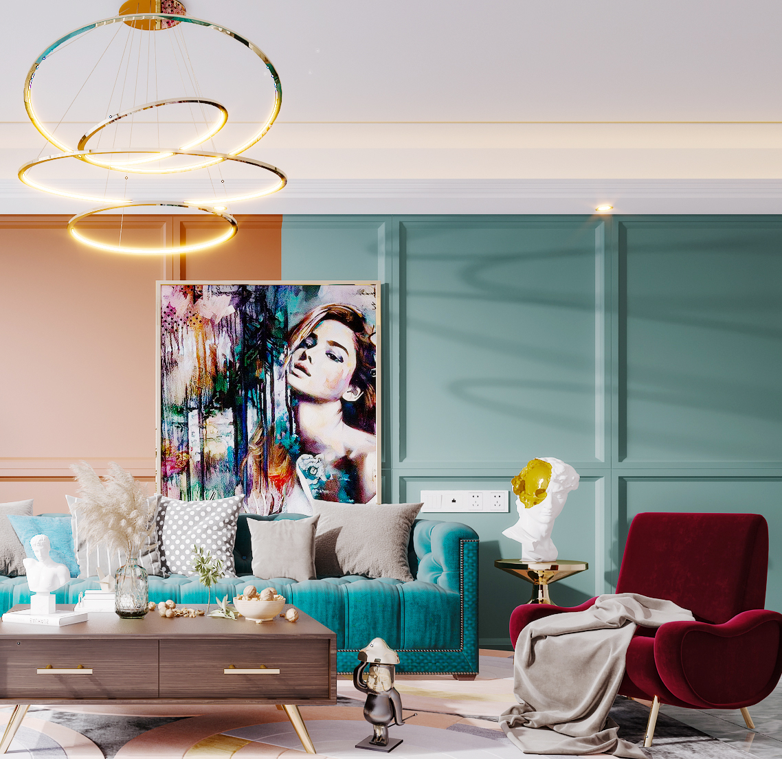 北欧现代简约轻奢风格客厅，北欧客厅，沙发，盆栽，窗帘，金属轻奢吊灯，石膏像，地毯-室内设计-拓者设计吧