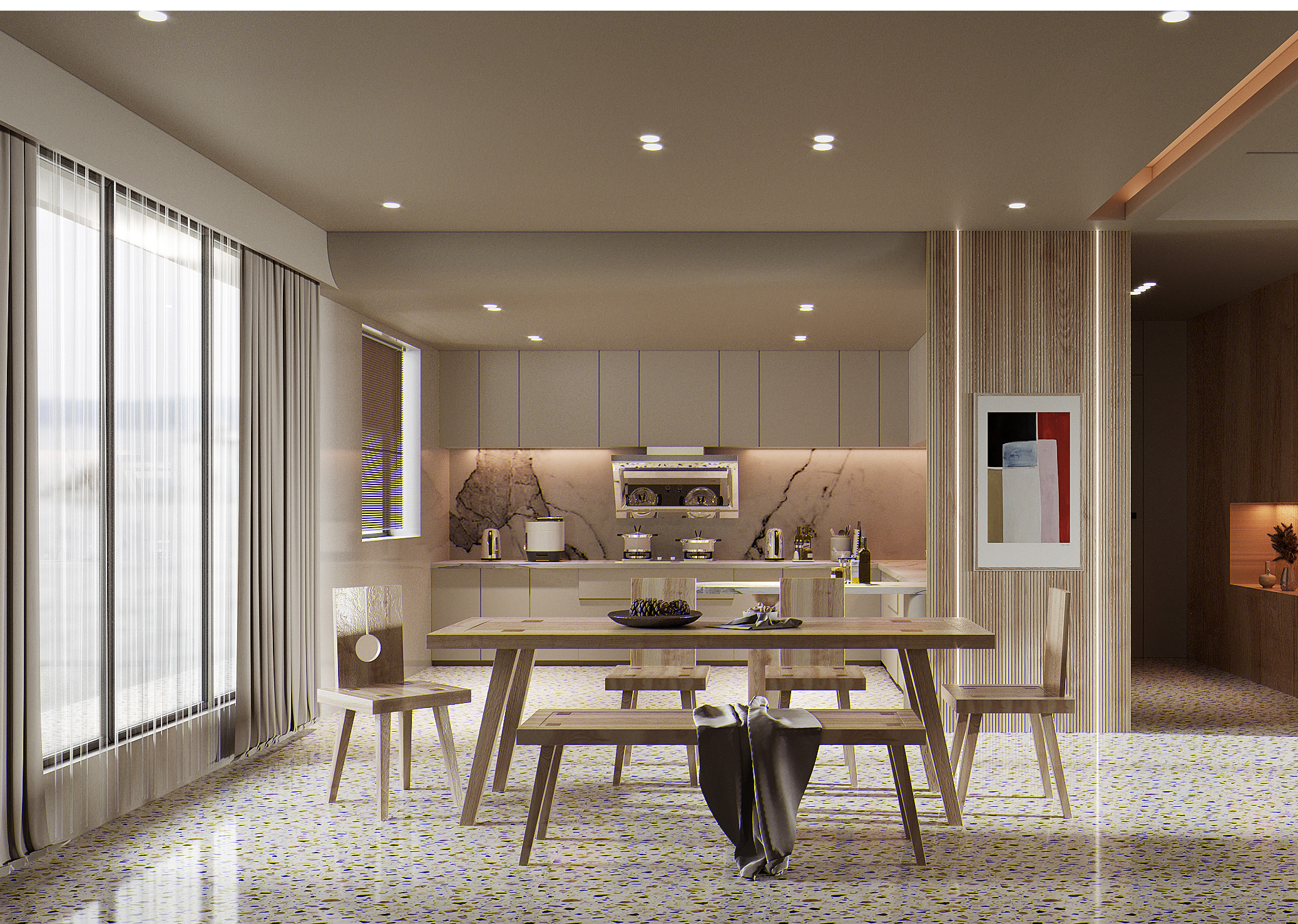 现代简约北欧客餐厅，布艺沙发，木制柜子，茶几，餐桌，饰品，背景墙，橱柜-室内设计-拓者设计吧