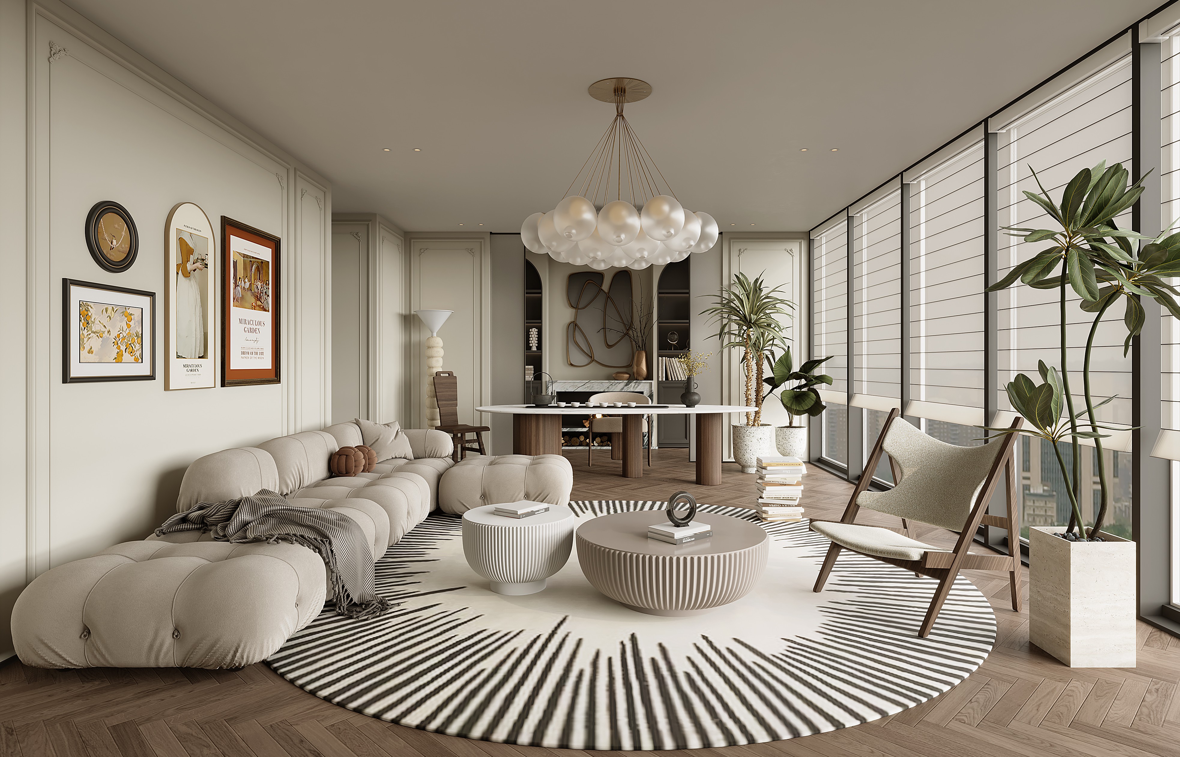 法式 客厅 沙发 单椅 茶几 窗帘 地毯 书架 饰品 挂画-室内设计-拓者设计吧