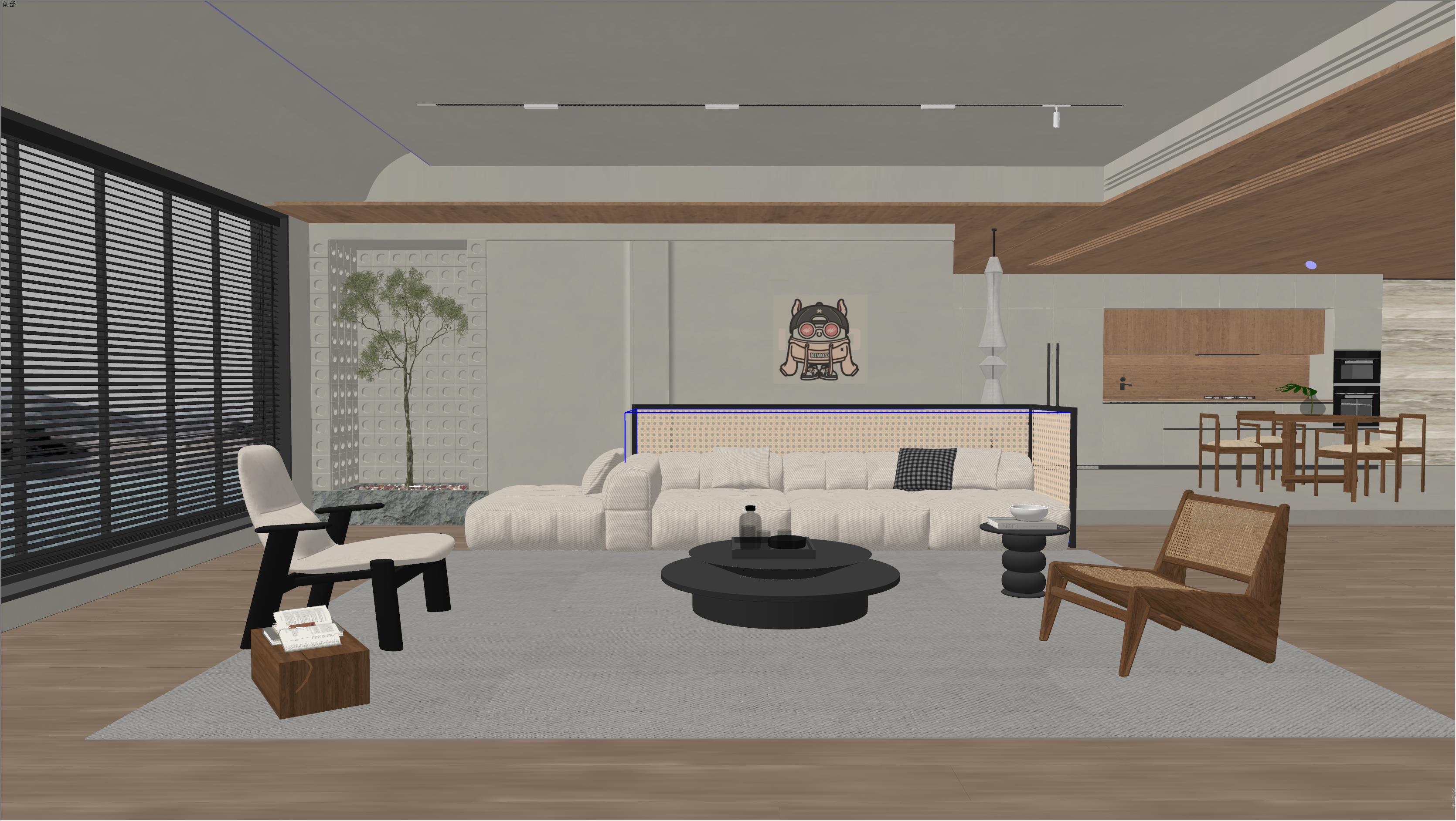 现代中古风客餐厅，沙发茶几组，餐桌椅，盆栽，背景墙 ，落 地灯-室内设计-拓者设计吧